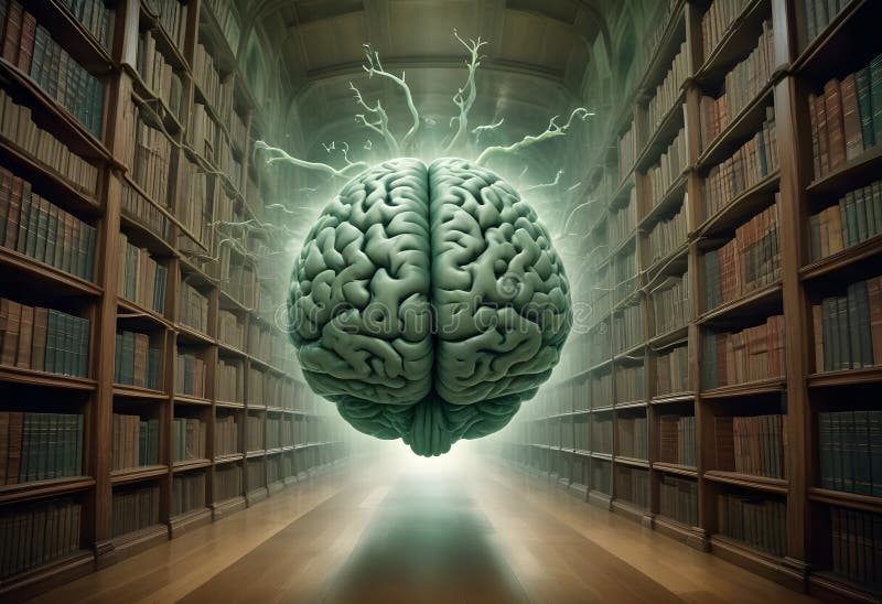 A 3D Illustration of a Human Brain Floating in a Library Hallway with ...