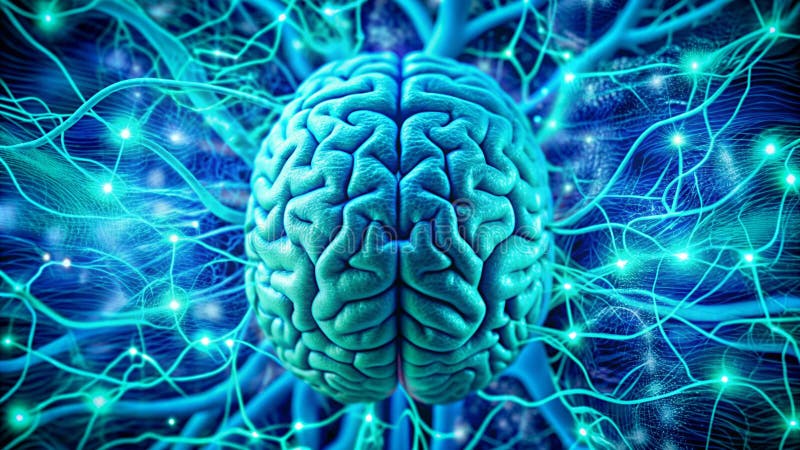 A 3D Illustration of a Human Brain with Glowing Blue Neural Pathways ...
