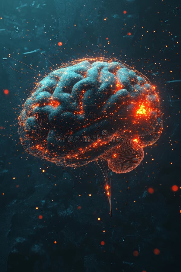 3D Illustration of Human Brain, Glowing Neurons and Synapses Conveying ...