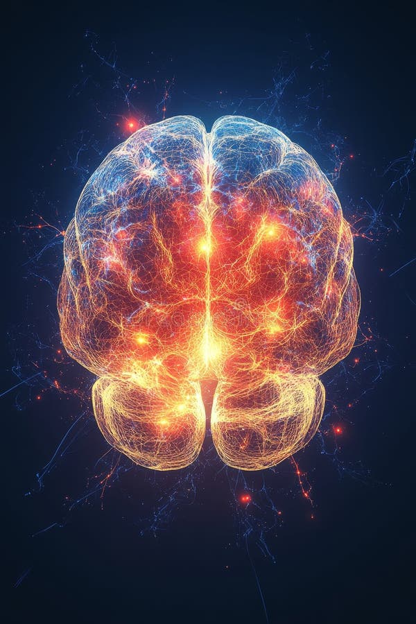 3D Illustration of Human Brain, Glowing Neurons and Synapses ...