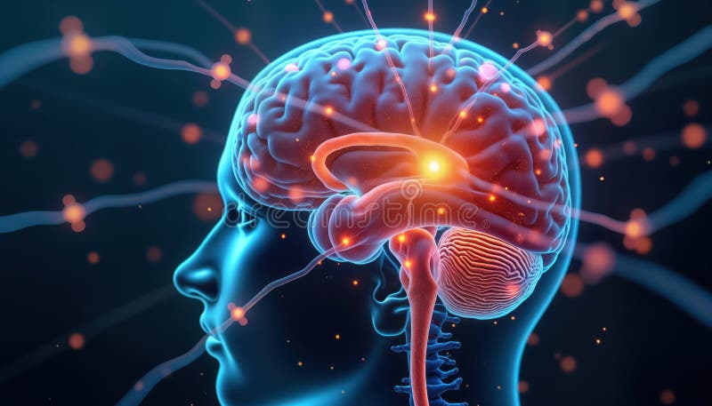 3D Illustration of Human Brain with Highlighted Neural Pathways. Modern ...