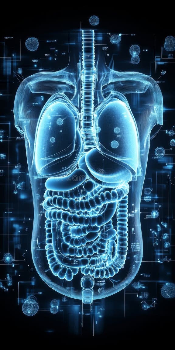 3D Illustration of Human Digestive System on Blue Background with ...