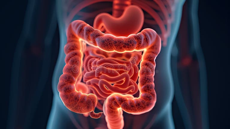 3D Illustration of Human Digestive System with Intestines Highlighted ...