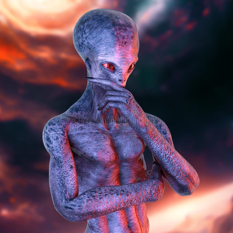 3D Illustration of a Humanoid Alien in a Standing, Thoughtful Pose ...