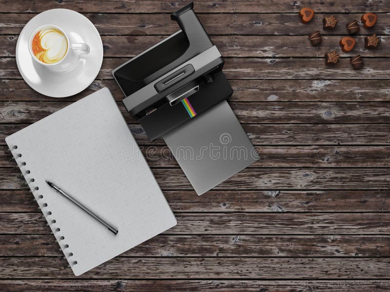 3d Illustration Instant Camera with a Coffee Notebook Pen and Candy ...