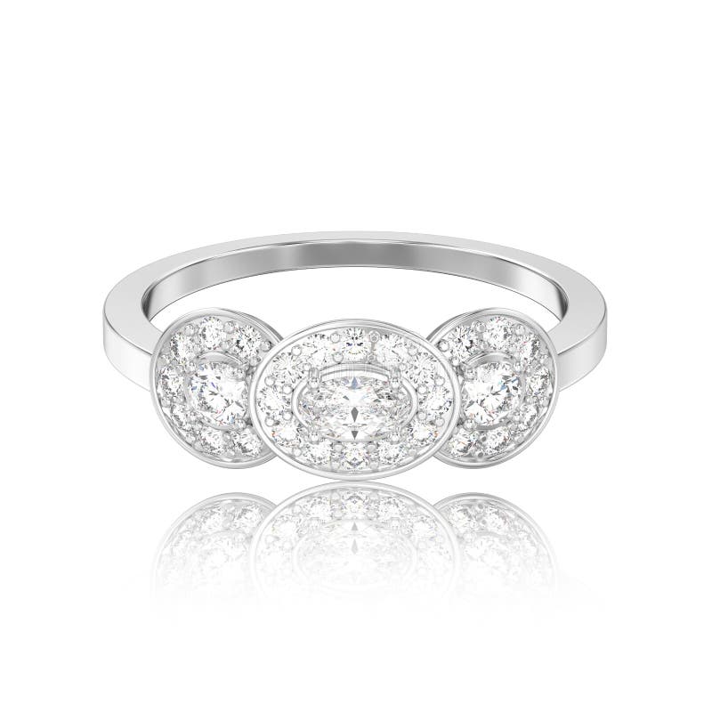 3D Illustration Isolated White Gold or Silver Three Stone Solitaire ...