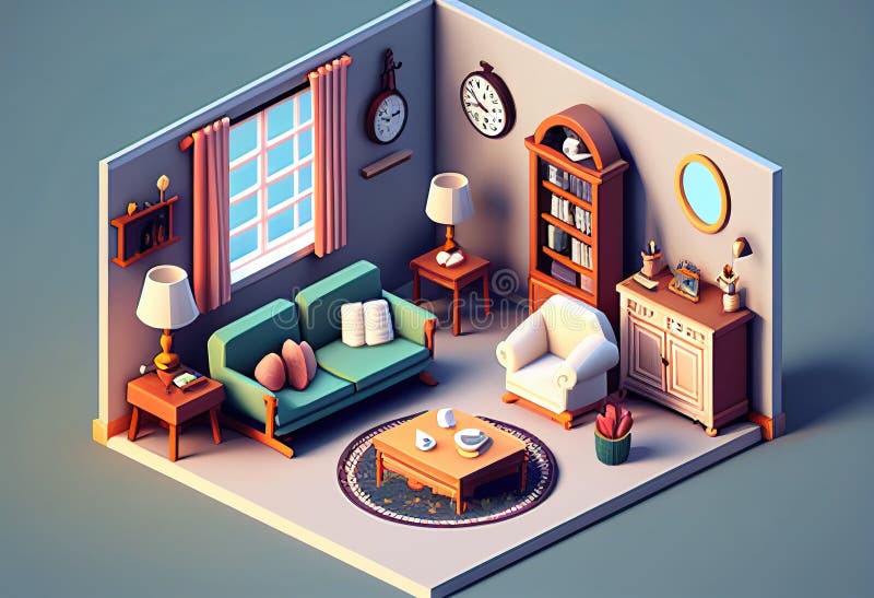 3d Illustration Isometric Low Poly Living Room Cute Illustration. AI ...