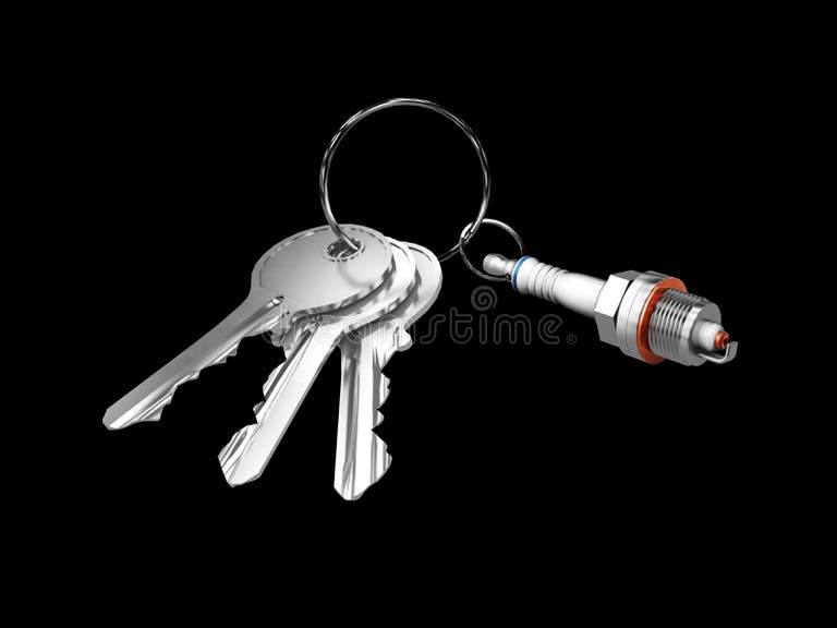 3d Illustration of Key and Engine Spark Plug and Keys, Isolated Black ...