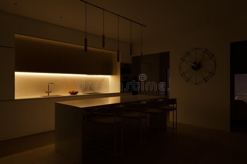 3D Illustration of a Kitchen Design Ideas with Night Lighting. Stock ...