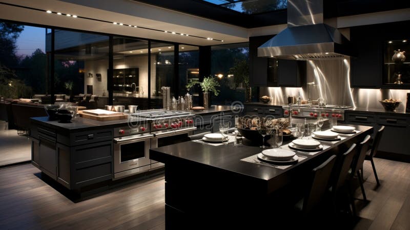 3D Illustration of Kitchen Interior in a Modern Building Big Light ...