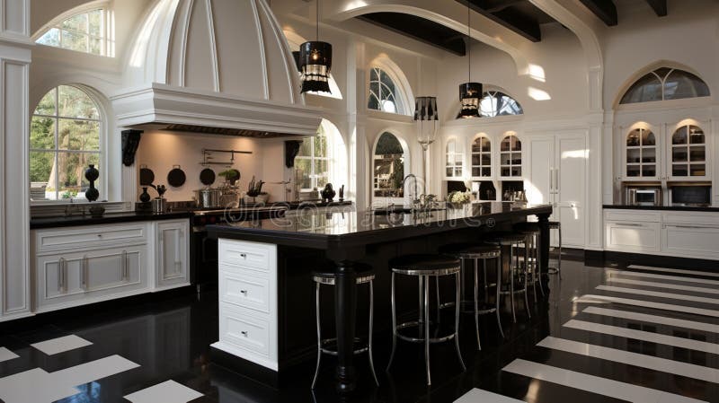 3D Illustration of Kitchen Interior in a Modern Building Big Light ...