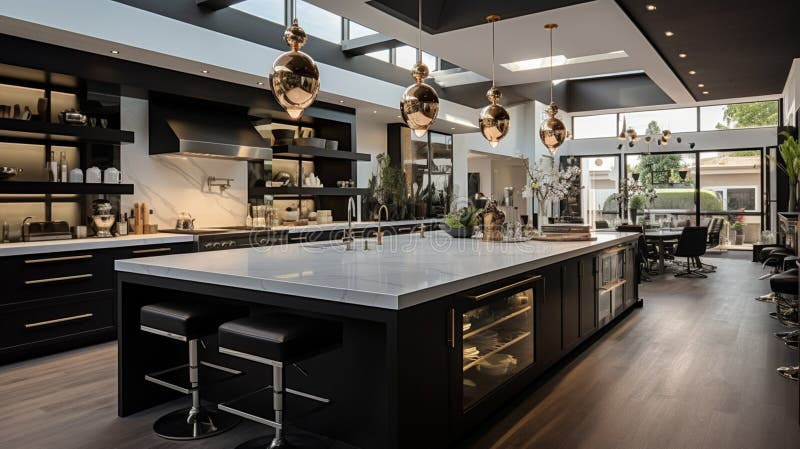 3D Illustration of Kitchen Interior in a Modern Building Big Light ...