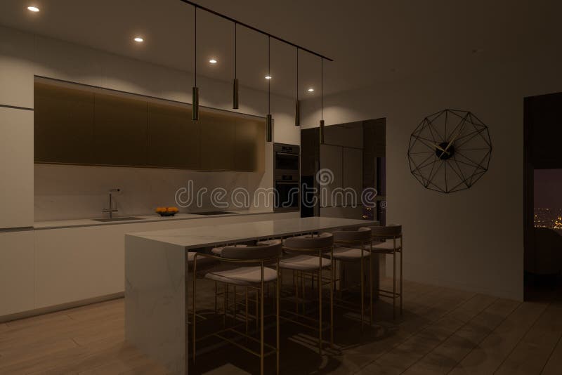 3D Illustration of a Kitchen with Night Lighting. Stock Illustration ...