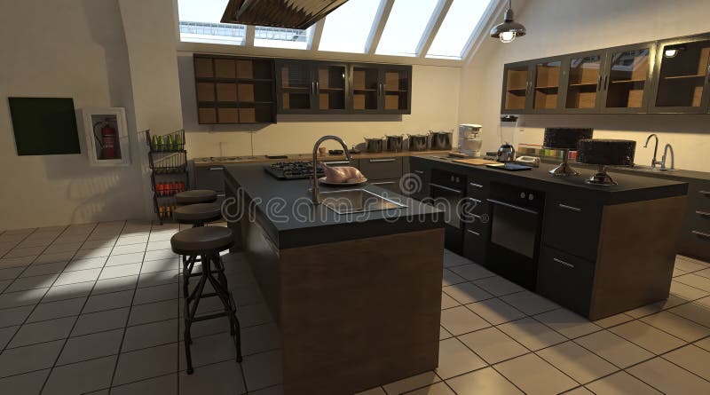Kitchen Room Interior 3d Illustration Stock Illustration - Illustration ...