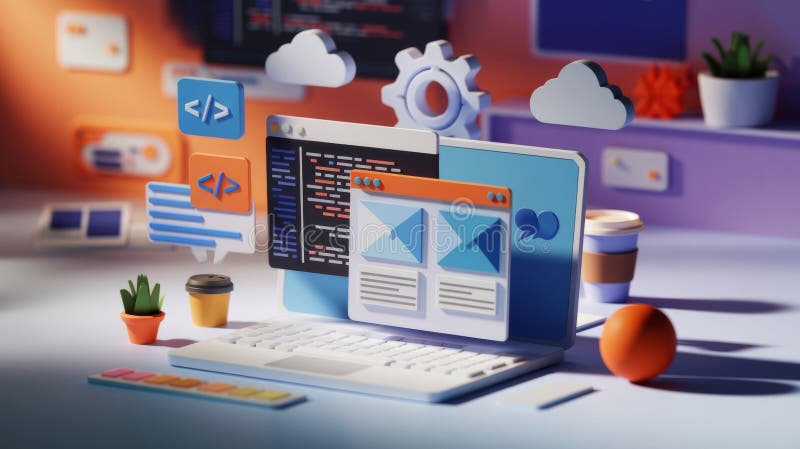 3D Illustration of a Laptop with Coding Cloud and Website Design ...