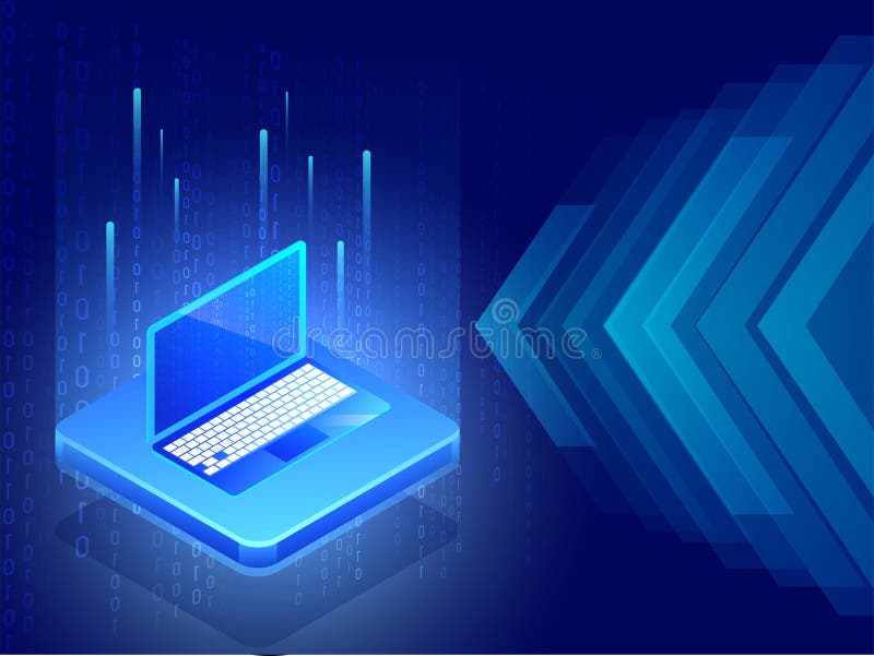 3D Illustration of Laptop between Matrix Digital Rays on Blue Ab Stock ...