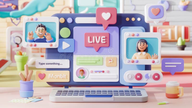 3D Illustration of Live Stream Interface on Laptop with Cartoon ...