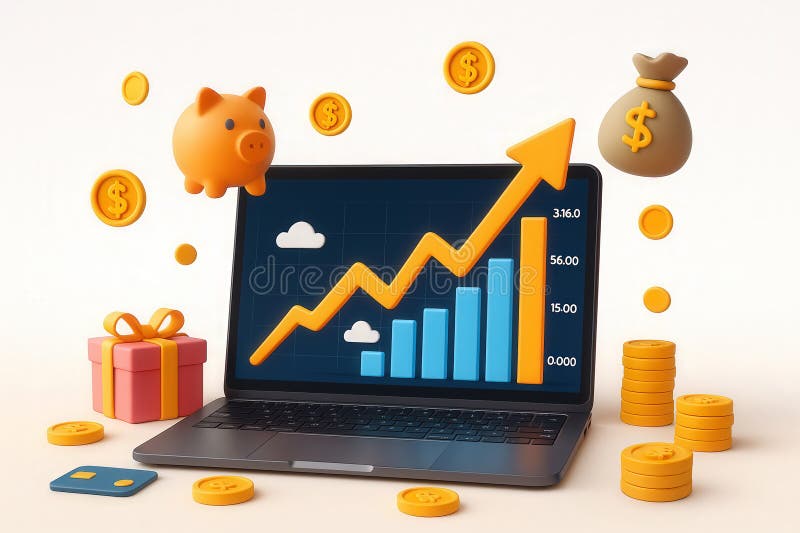 3D Illustration of a Laptop Screen Showing a Rising Bar Chart ...