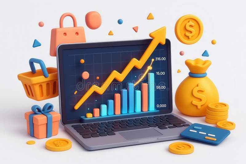 3D Illustration of a Laptop Screen Showing a Rising Bar Chart ...
