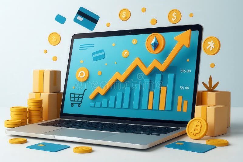 3D Illustration of a Laptop Screen Showing a Rising Bar Chart ...