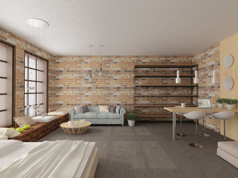 3D Illustration of Large Empty Modern Room in Loft Style Stock ...