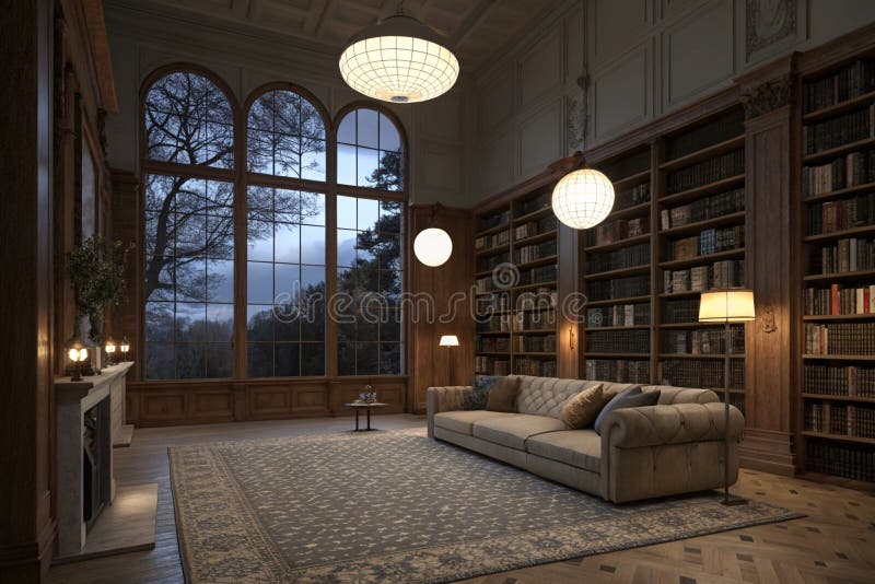 3D Illustration of a Large Library Room at Night Stock Illustration ...