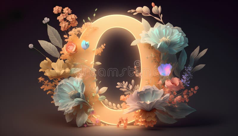3d Illustration of Letter O with Flowers and Leaves on Dark Background ...
