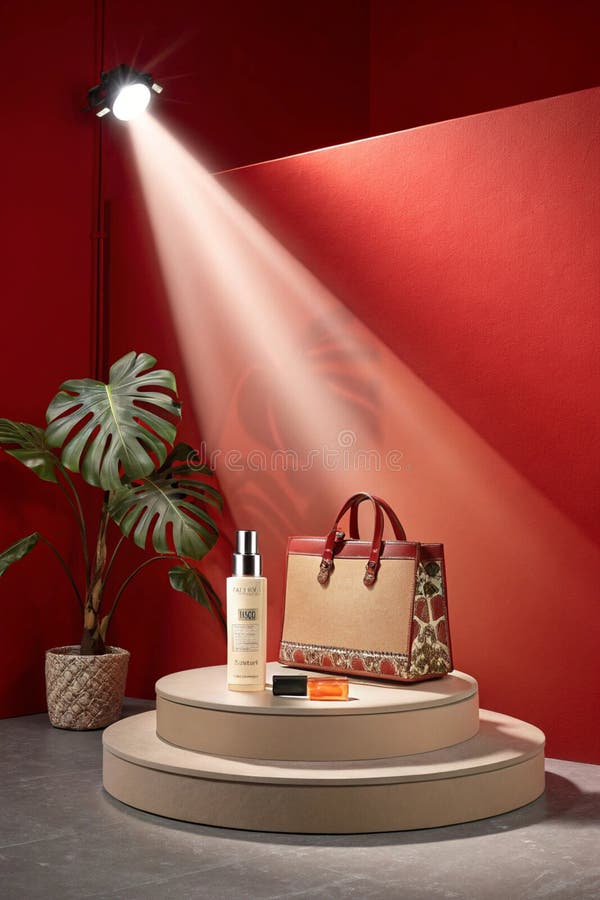 3D Illustration. Light Color Base and Red Wall Lit by Spotlight As ...