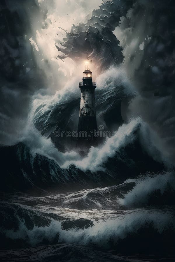3D Illustration of a Lighthouse in a Stormy Sea with Waves Stock ...