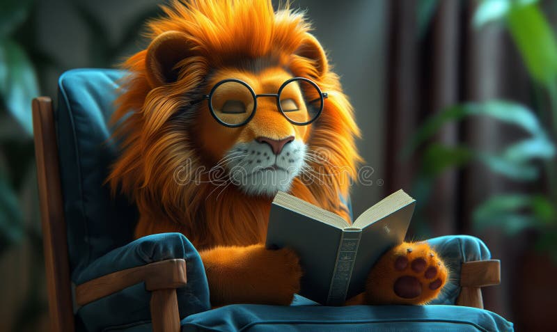 3D Illustration of a Lion Reading a Book. Stock Illustration ...