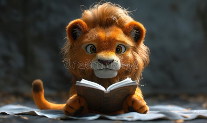 3D Illustration of a Lion Reading a Book. Stock Illustration ...