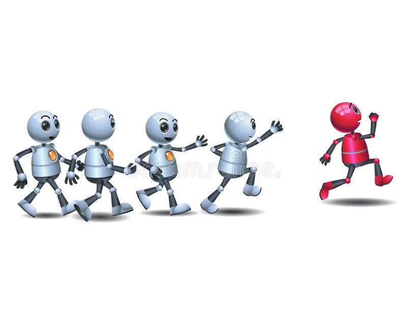 3D Illustration of a Little Robot Worker Running Away from the Crowd ...