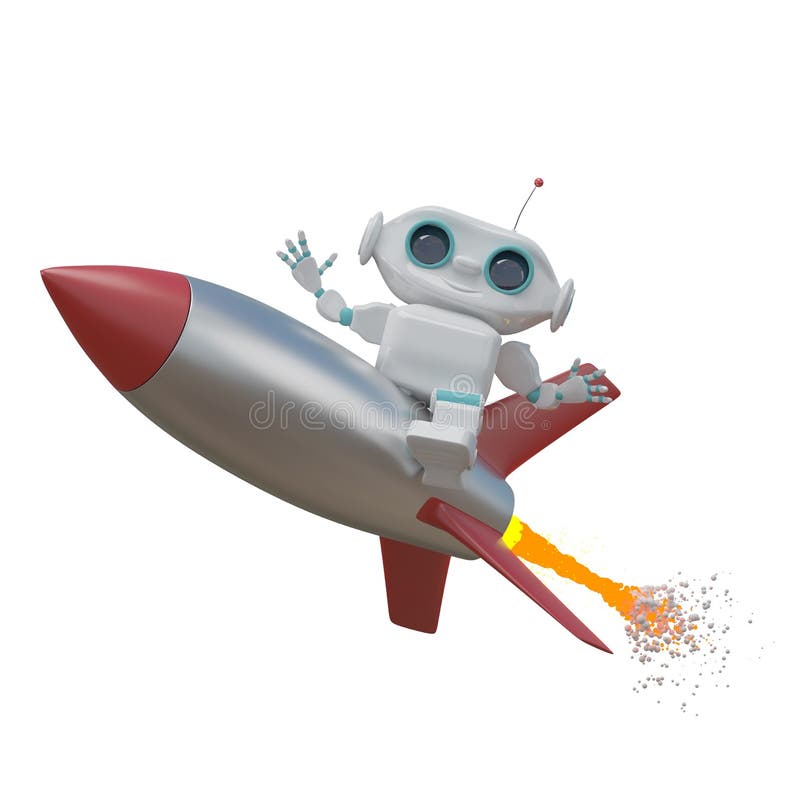 3D Illustration of a Little White Robot on a Rocket Stock Photo ...