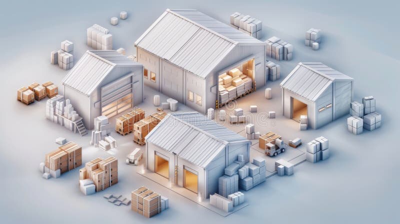 3D Illustration of a Logistics Warehouse Complex with Storage Buildings ...