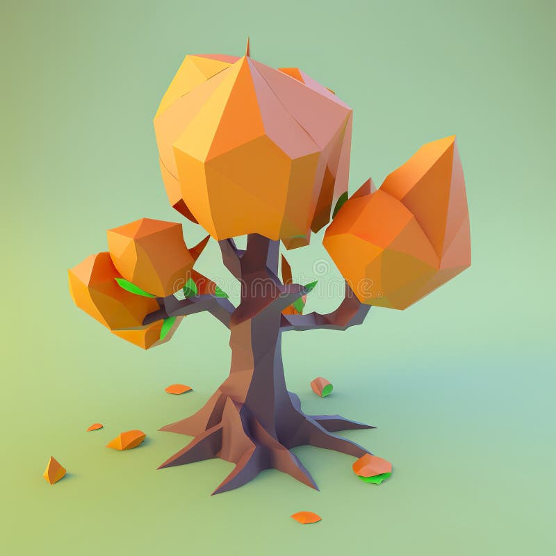 3D Illustration of Low Poly Tree Background. Tree Stones and Grass ...