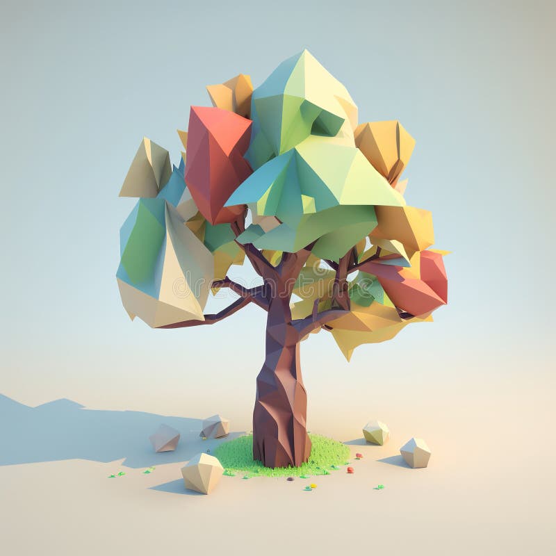 3D Illustration of Low Poly Tree Background. Tree Stones and Grass ...