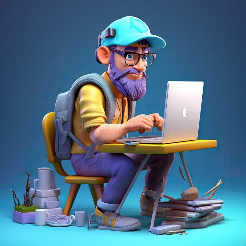 3d Illustration of Male Character Working on the Desk with Laptop AI ...