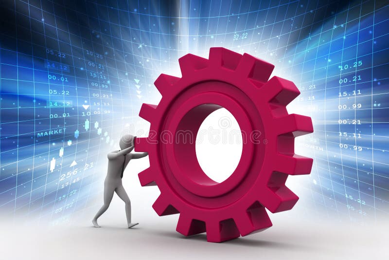 3d Man Pushing Gear Wheels. Isolated in Digital Background. 3d Render ...