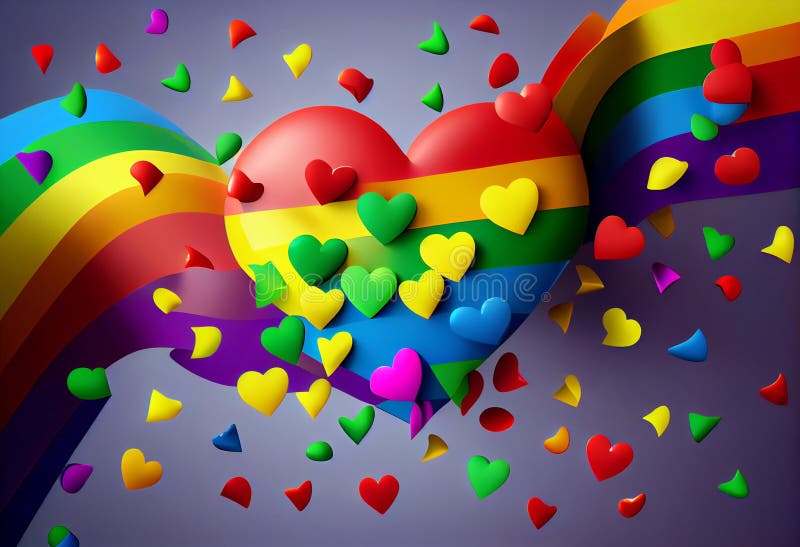 3d Illustration of Many Hearts Falling on Gay Pride Flag Background ...