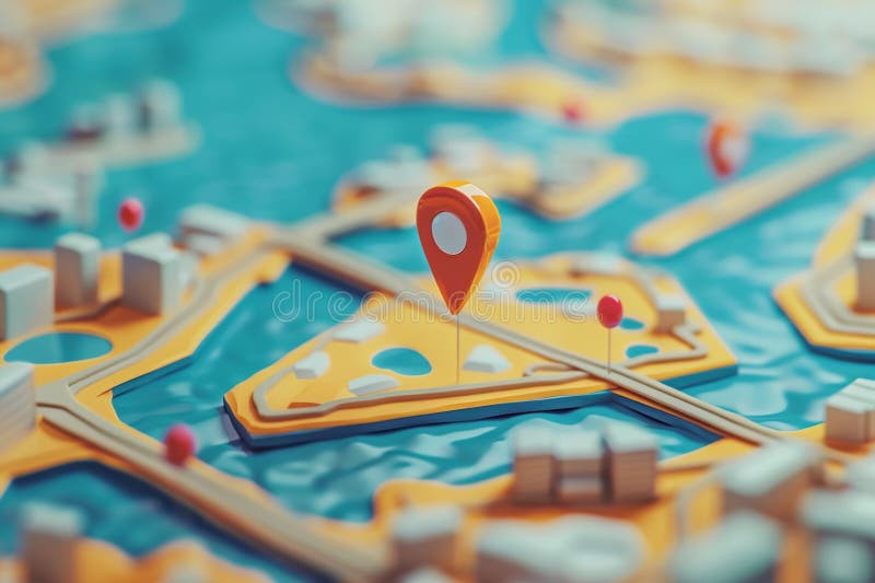3D Illustration of a Map with a Navigation Pin and Locator Mark Stock ...