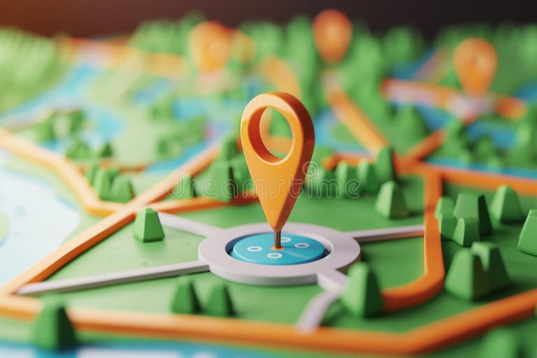 3D Illustration of a Map with a Navigation Pin and Locator Mark Stock ...