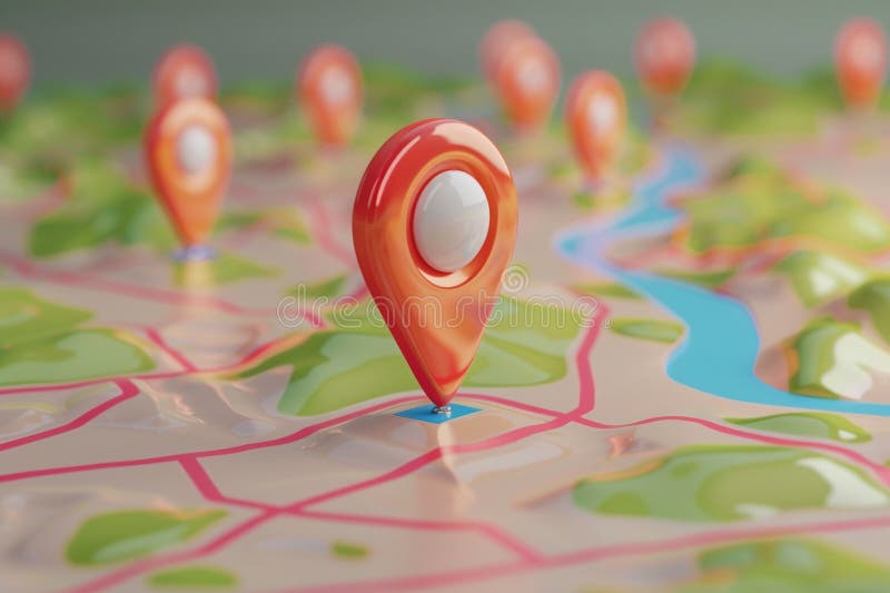 3D Illustration of a Map with a Navigation Pin and Locator Mark Stock ...