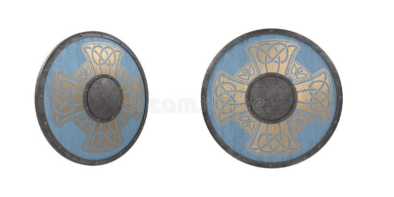 3D Illustration of a Medieval Light Blue Viking Shield with Gold ...