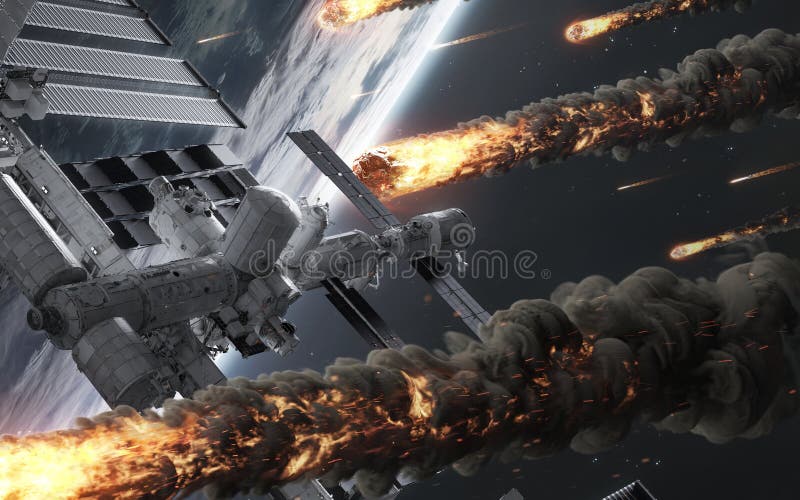 3D Illustration of Meteor Shower and Space Station Stock Illustration ...