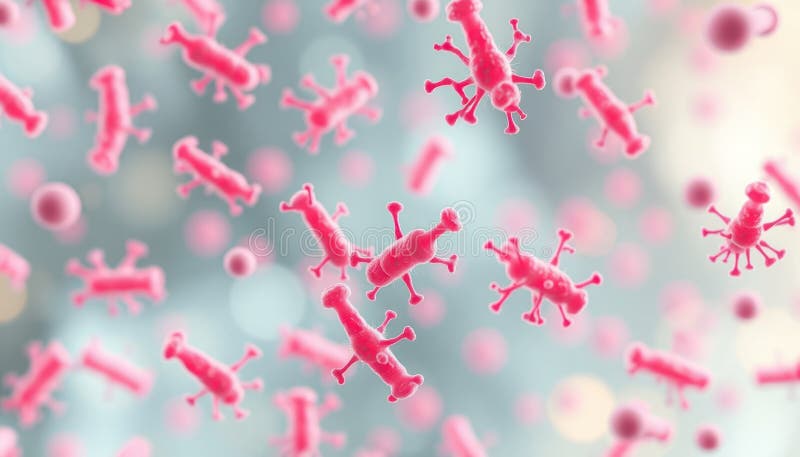 3D Illustration Microscopic Bacteria. Pink Microorganisms Float in ...