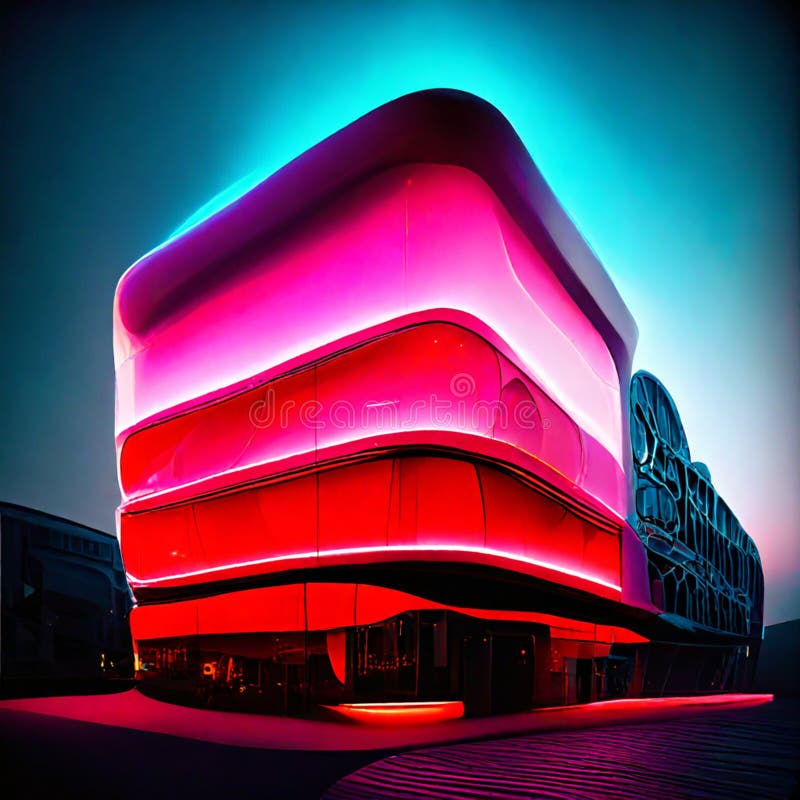 3d Illustration of a Modern Building in Neon Light. 3d Rendering AI ...
