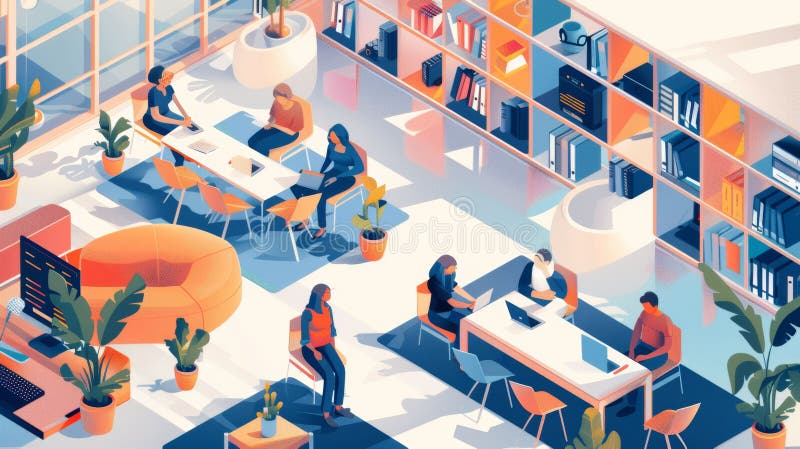 3D Illustration of a Modern Co-working Space with People Working on ...
