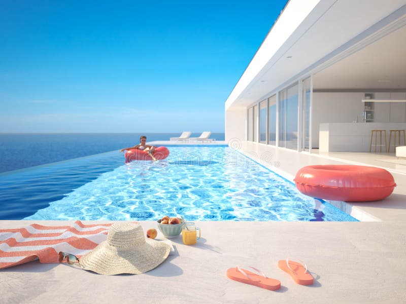 3D-Illustration. Modern Luxury Infinity Pool with Summer Accessoires ...