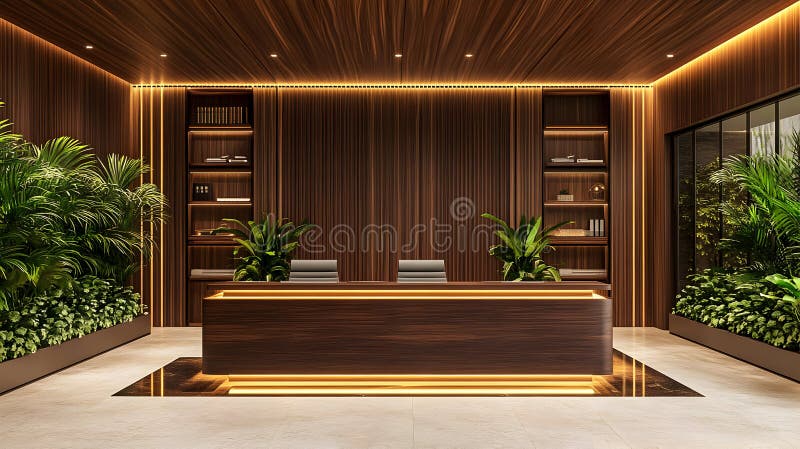 3D Illustration Modern Office Interior Design Reception Area Wood ...