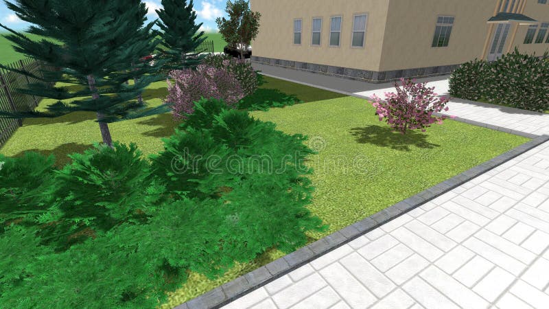 3D Illustration of Modern Patio Landscape Design. Computer ...